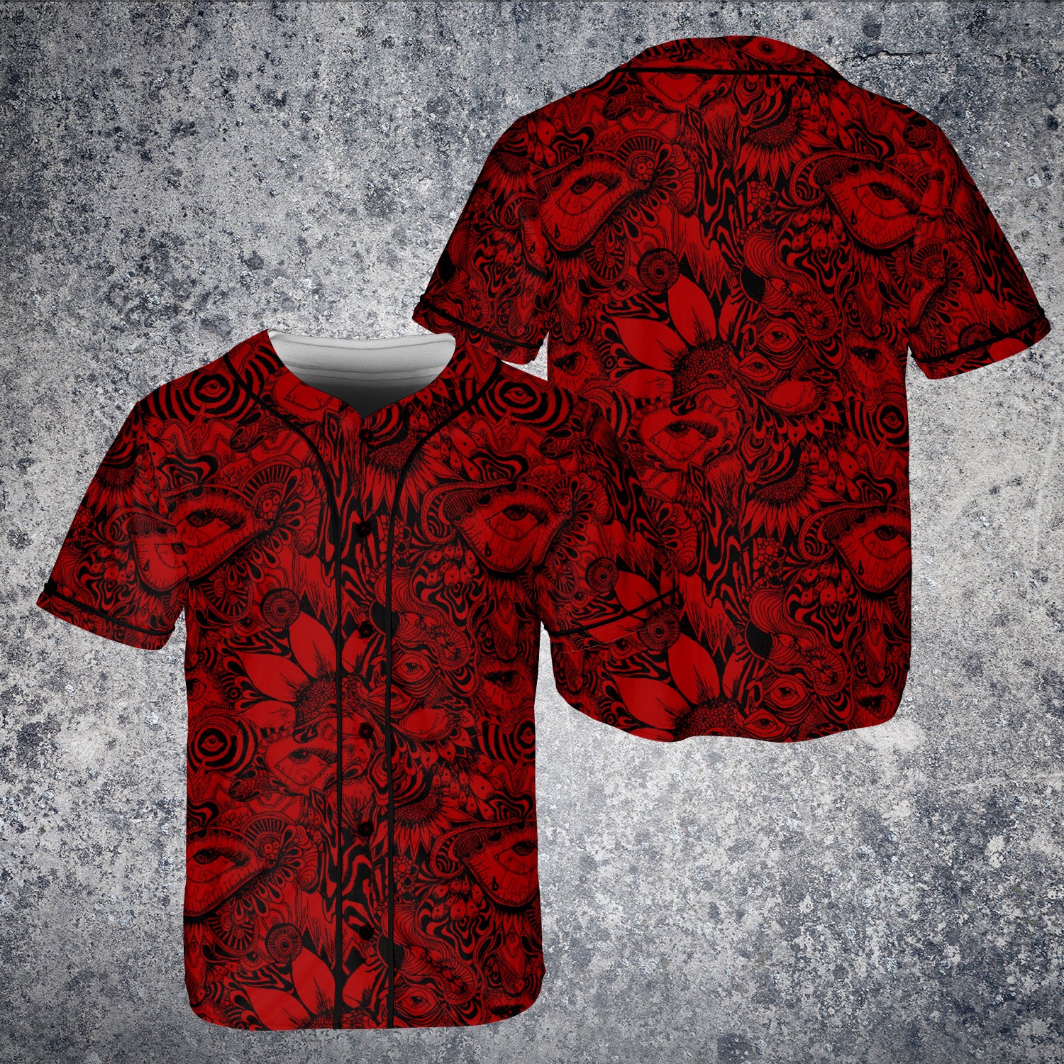 HYPERFAVOR Red Psychedelic Eyes Pattern Baseball Jersey - Hyperfavor